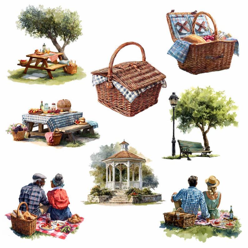 Picnic Clipart Watercolor Picnic Basket Digital Download Summer ...