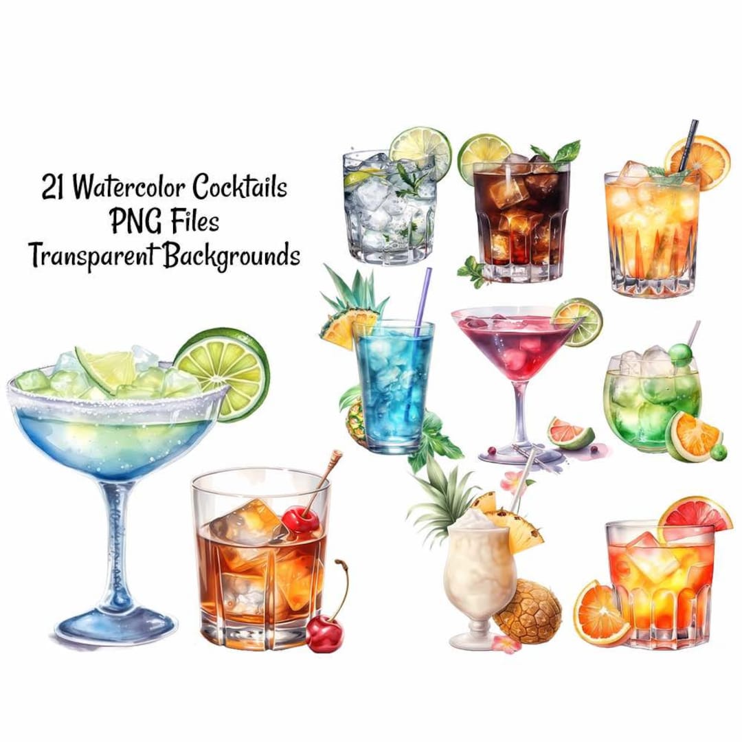 21 Cocktail Drinks Alcohol Clipart Digital Downloads, Watercolor ...
