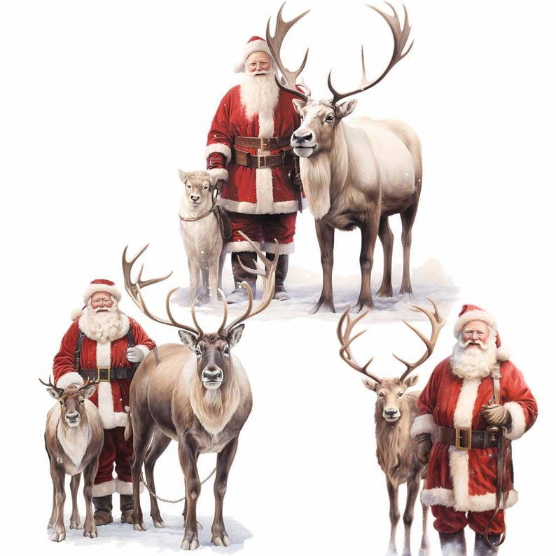 Santa Claus With Reindeer Watercolor Clipart Digital - Etsy
