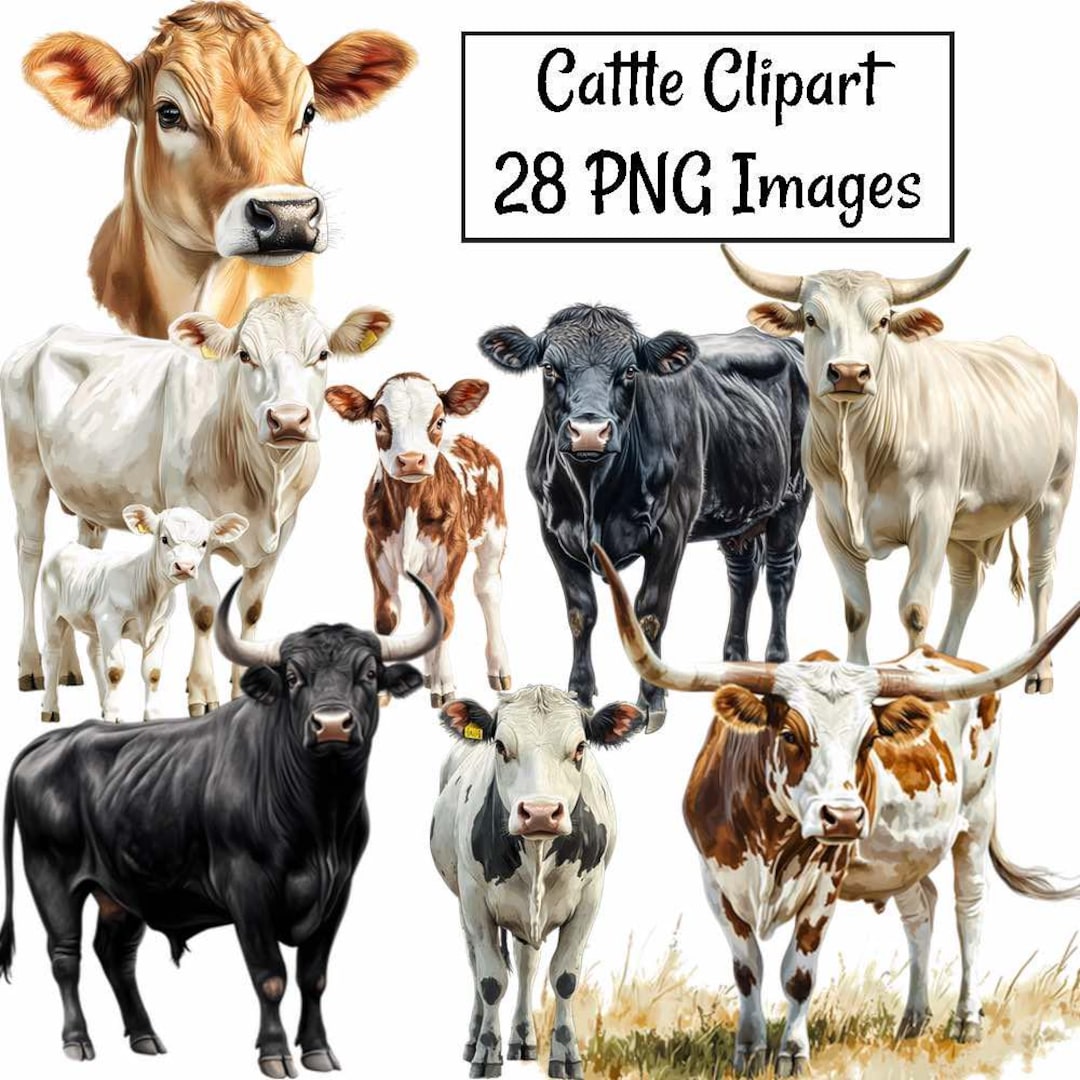 Cattle Watercolor Clipart Set Cow Bull Heifer Steer Calf OX Animal ...