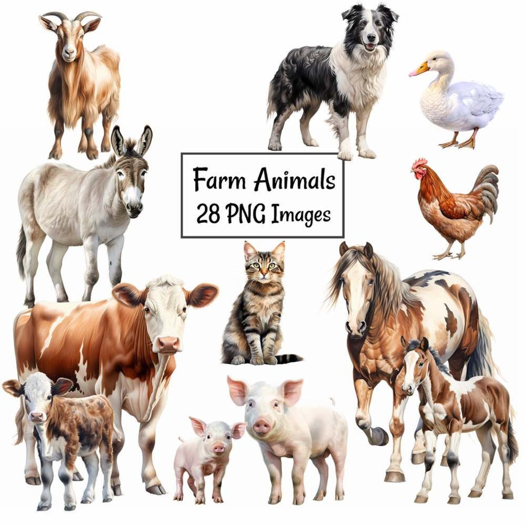 Farm Animals Clipart Digital Downloads, 28 Watercolor Overlay Farmyard ...