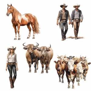 Cowboy Cattle Ranch Herding Clipart Digital Downloads, Watercolor ...