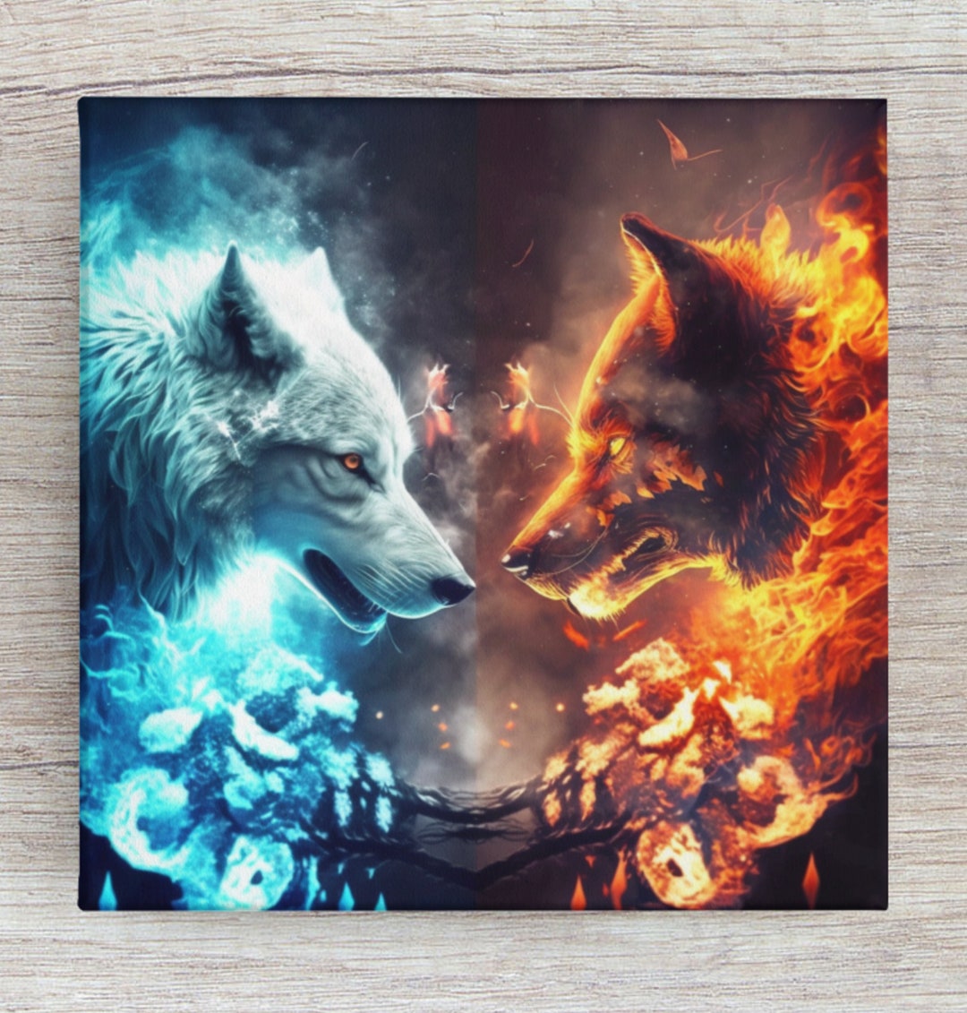 Fire and Ice Wolves Digital Print, Wildlife Fantasy Wolf Animal Instant ...