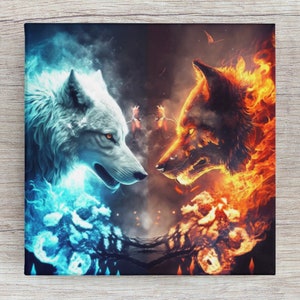 Fire and Ice Wolves Digital Print, Wildlife Fantasy Wolf Animal Instant ...