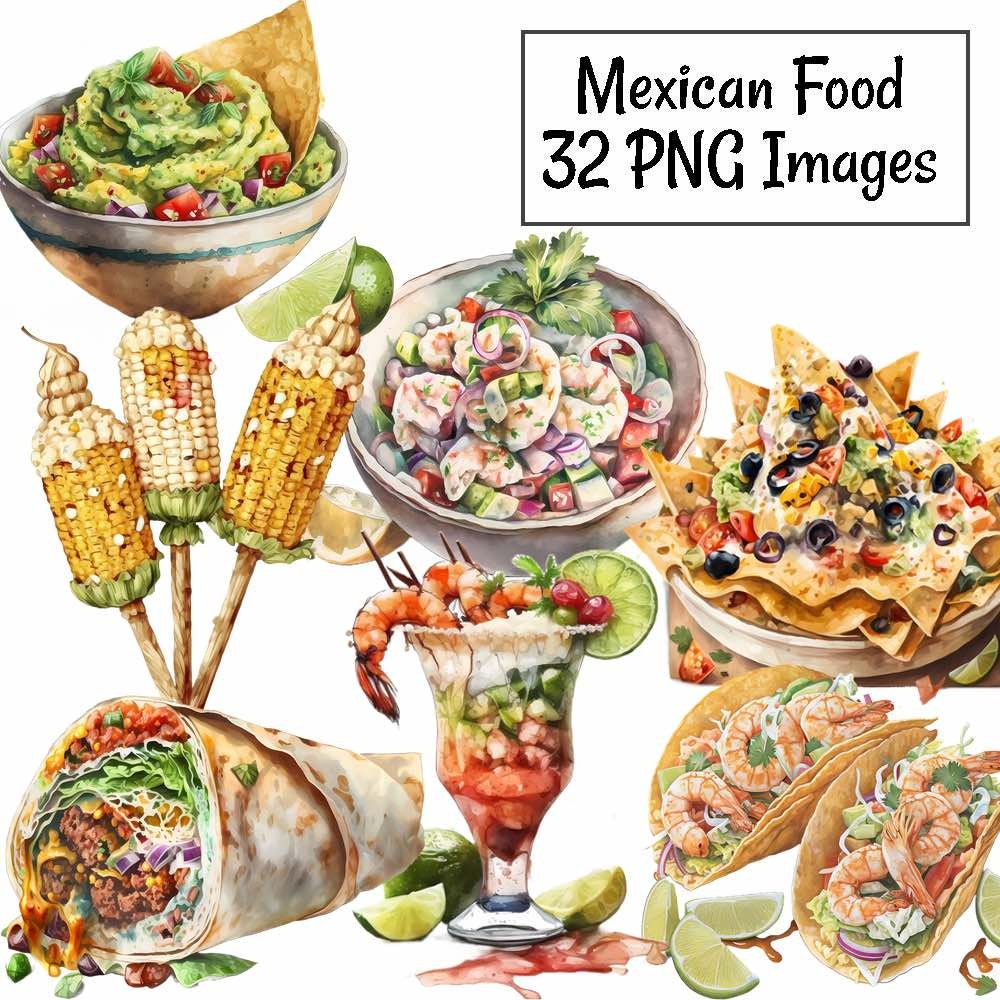 Mexican Food Clipart Digital Downloads, Watercolor Overlay ,23 Comida ...