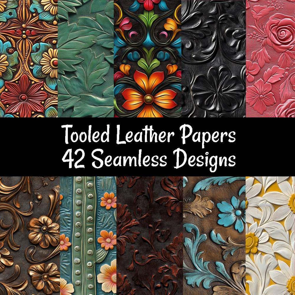 Tooled Leather Seamless Digital Papers, 42 Engraved Texture Western ...