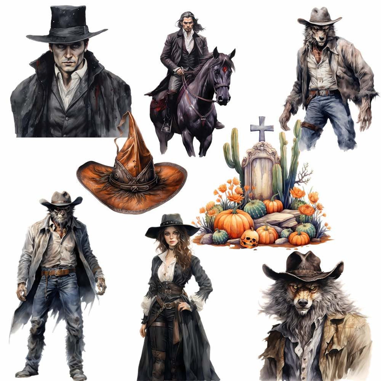Western Halloween Watercolor Clipart Digital Downloads Overlay Horror ...