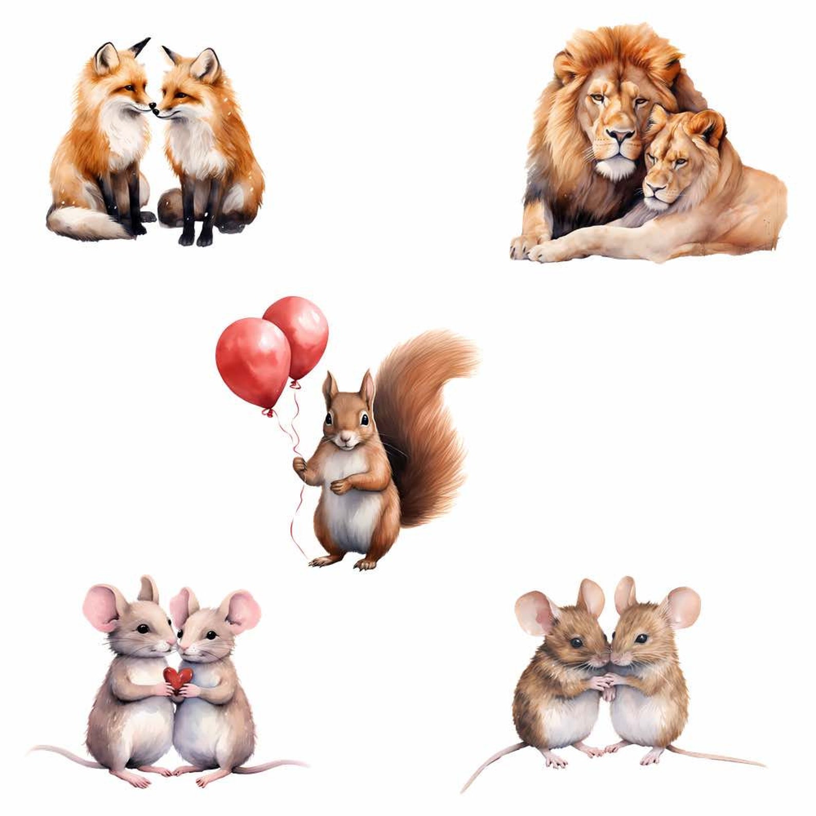 Valentine's Day Animals Watercolor Clipart, 30 PNG Images Cute Animal ...