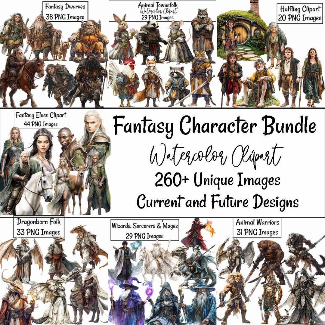 Huge Fantasy Character Clipart Bundle Character Class Unique Watercolor ...