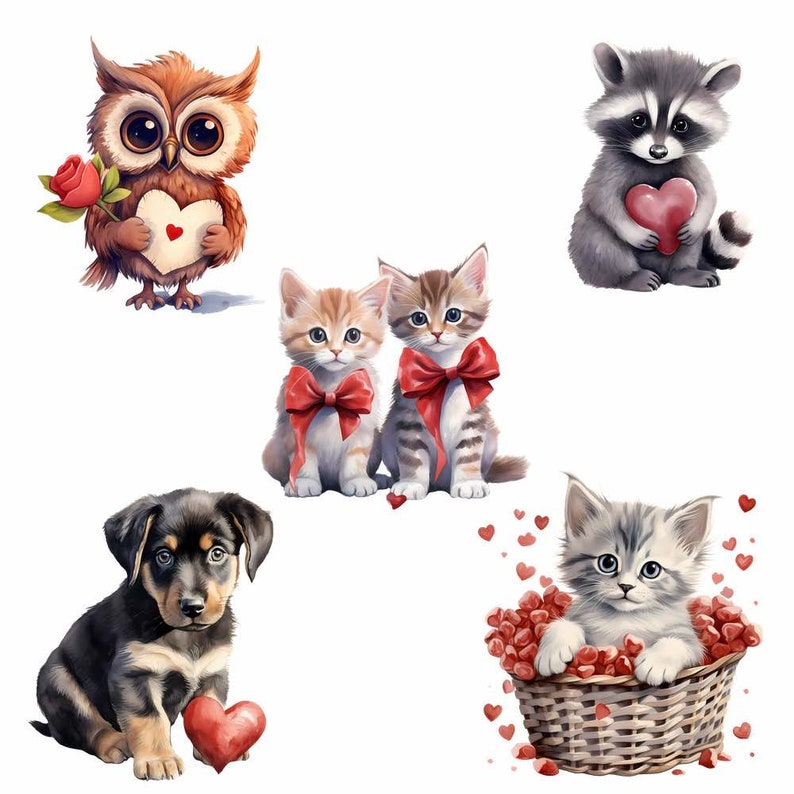 Valentine's Day Animals Watercolor Clipart, 30 PNG Images Cute Animal ...