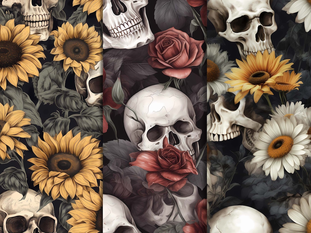 Ten Designs Skull Flowers Seamless Digital Papers, Daisy Sunflower Rose ...