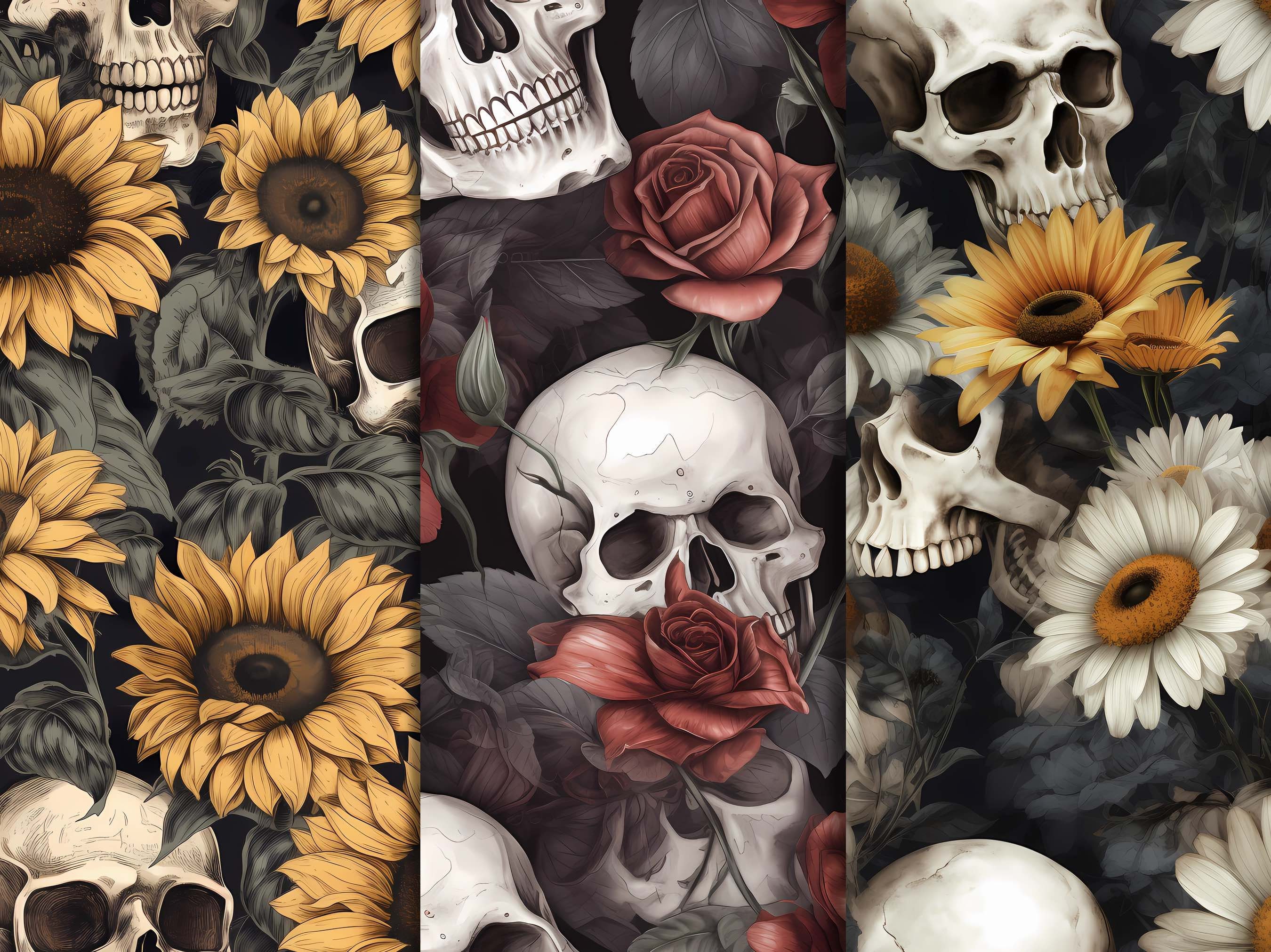 Ten Designs Skull Flowers Seamless Digital Papers, Daisy Sunflower Rose ...