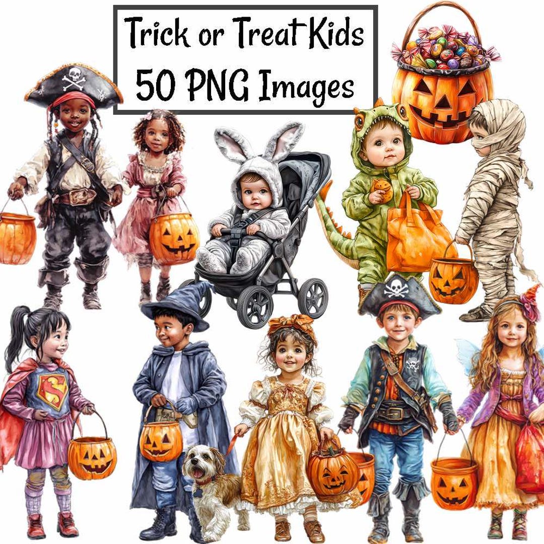 Trick or Treat Halloween Kids Clipart, 50 Children in Costumes ...