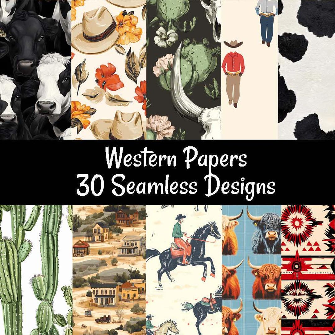 Western Seamless Digital Papers, 30 Wild West Cowboy Cow Skull Patterns ...