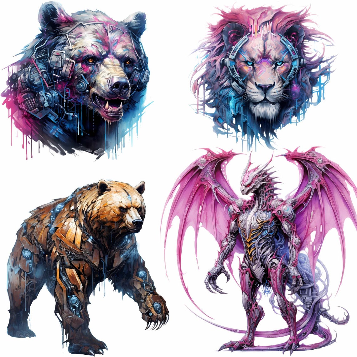 Cyberpunk Animals Clipart Digital Downloads, 17 Watercolor Science ...