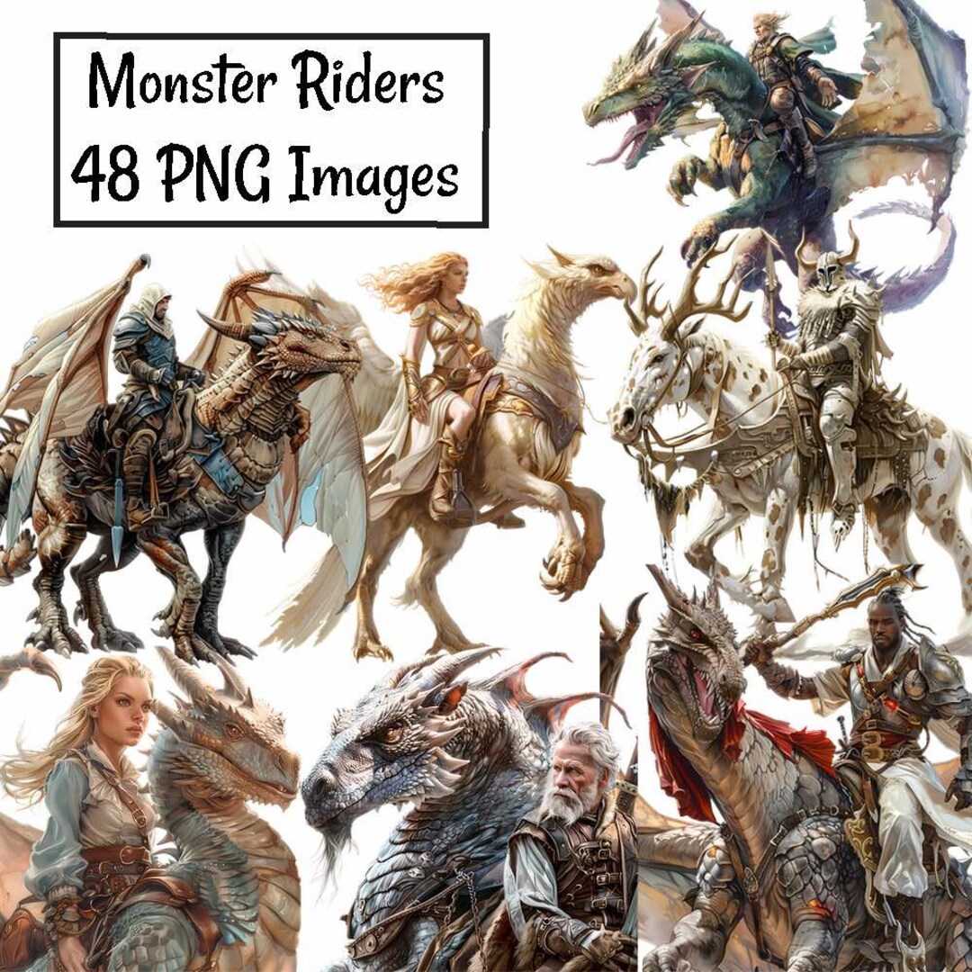 Monster Riders Watercolor Clipart, 48 RPG Dragon Rider Fantasy Folklore ...