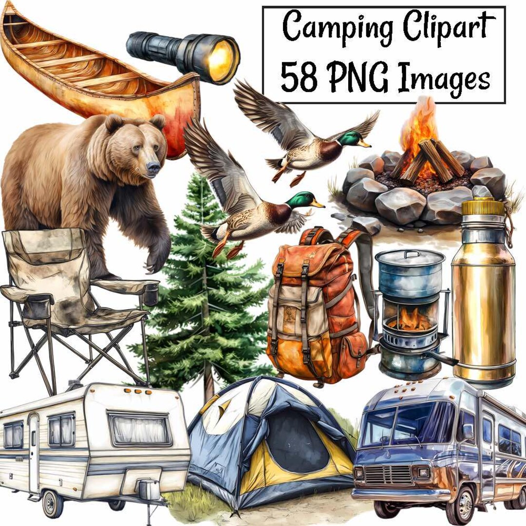 Camping Watercolor Clipart Tent Digital Download Camp Fishing Outdoor ...
