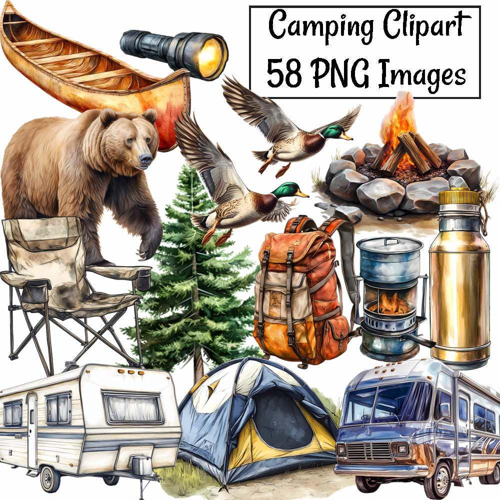 Camping Watercolor Clipart Tent Digital Download Camp Fishing Outdoor ...