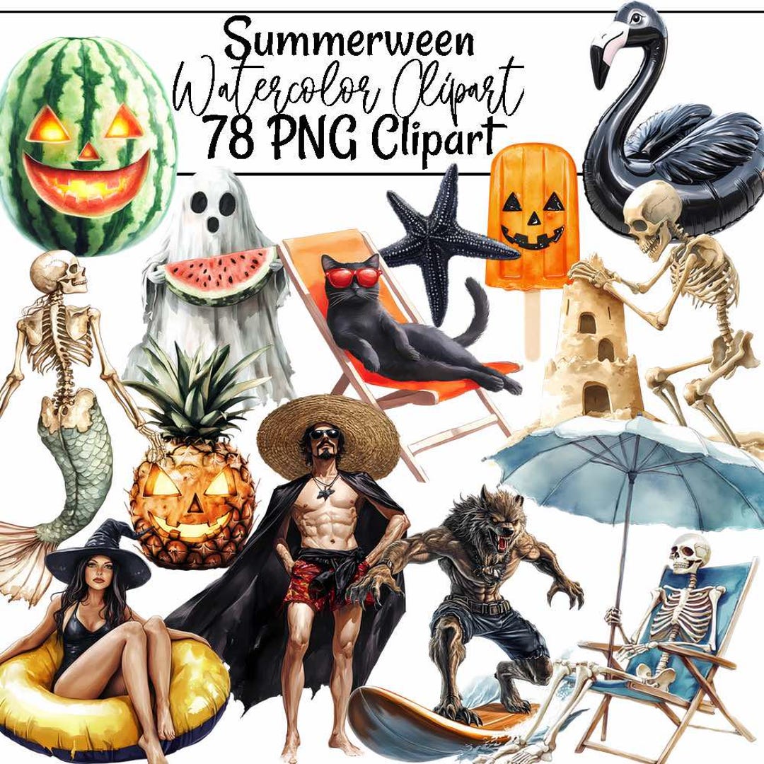 Summerween Clipart Halloween Summer Watercolor Art Scary Spooky Digital ...