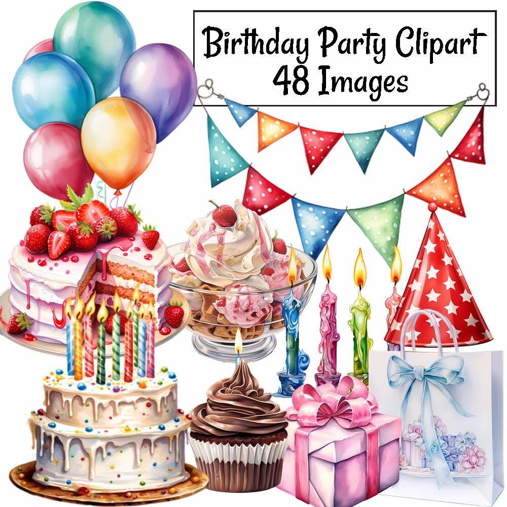 Birthday Party Watercolor Clipart Bundle Digital Downloads 48 - Etsy