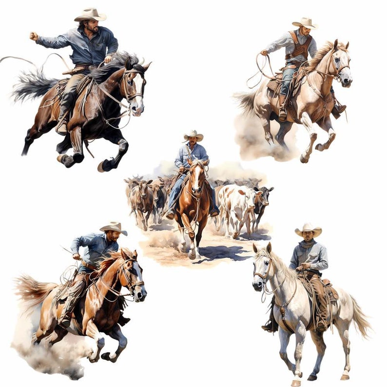Cowboy Cattle Ranch Herding Clipart Digital Downloads, Watercolor ...