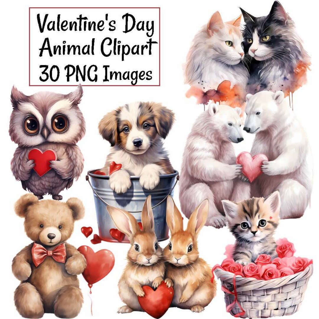 Valentine's Day Animals Watercolor Clipart, 30 PNG Images Cute Animal ...