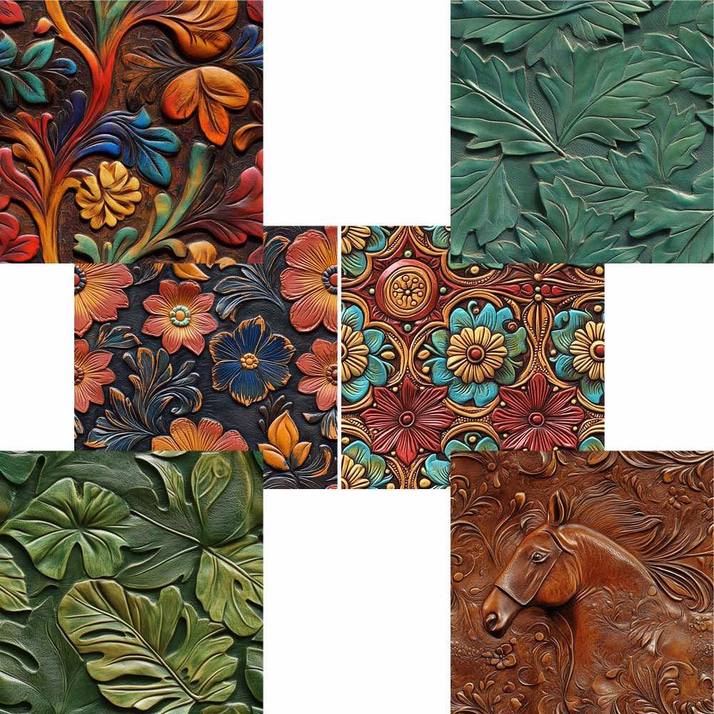 Tooled Leather Seamless Digital Papers, 42 Engraved Texture Western ...