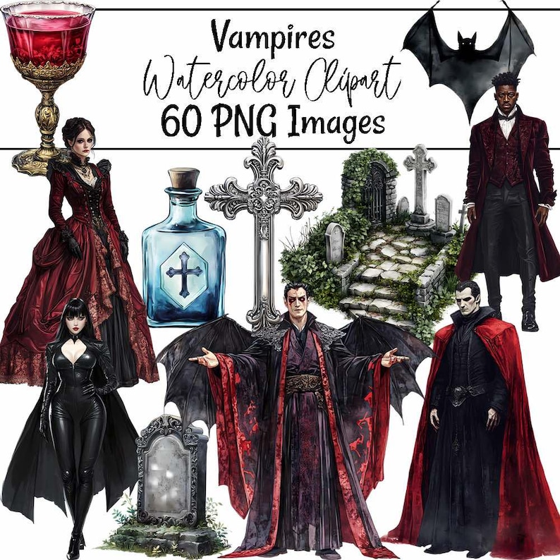 Vampire Clipart Halloween Watercolor Art Scary Classic Spooky Digital ...