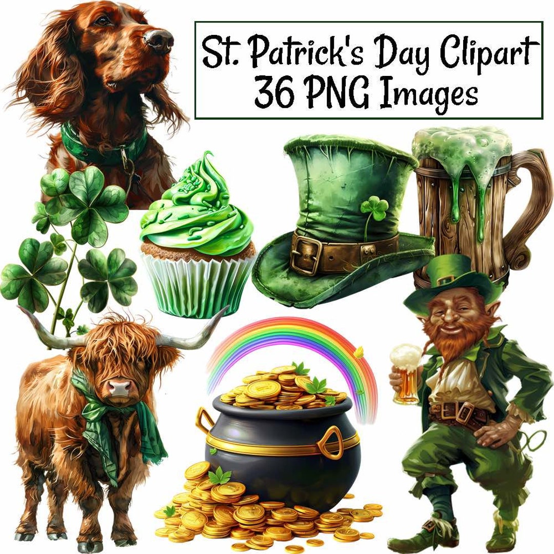 St. Patrick's Day Clipart, 36 Leprechaun Green Clover Shamrock Digital ...