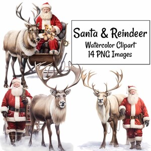 Santa Claus With Reindeer Watercolor Clipart Digital Downloads, 14 ...