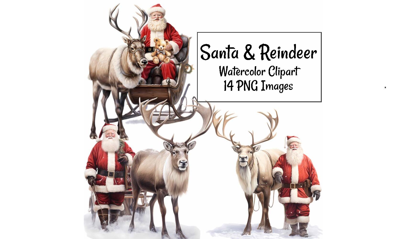 Santa Claus With Reindeer Watercolor Clipart Digital Downloads, 14 ...
