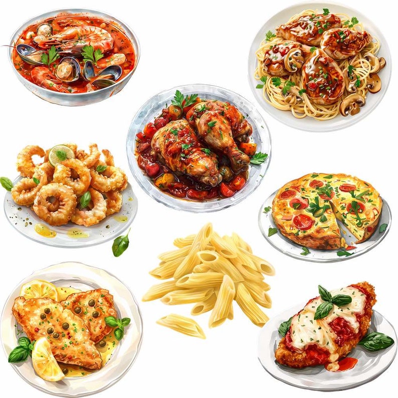 Italian Foods Clipart, Pasta Pizza Digital Downloads, 46 Watercolor ...