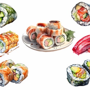 24 Sushi Sashimi Bundle Clipart Digital Downloads, Watercolor Overlay ...