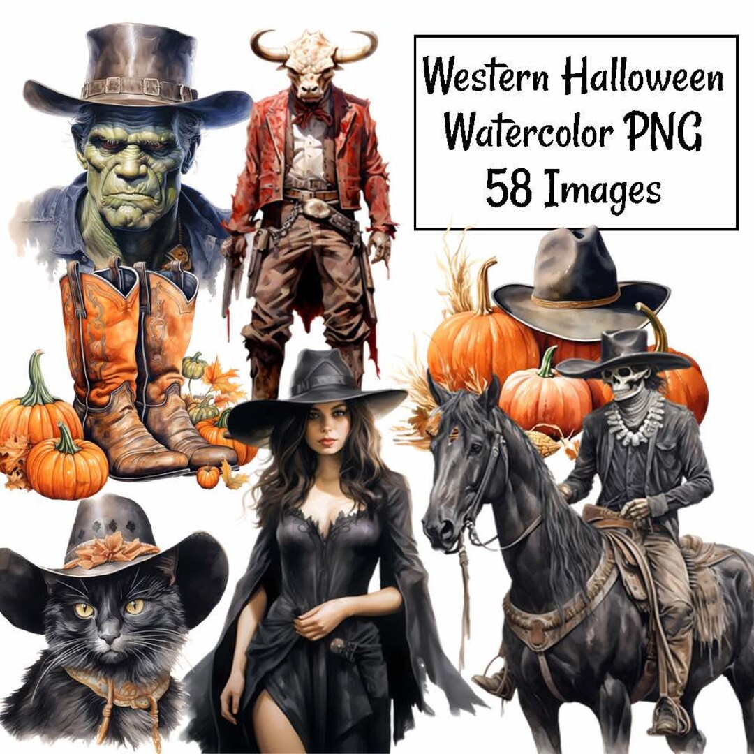 Western Halloween Watercolor Clipart Digital Downloads Overlay Horror ...
