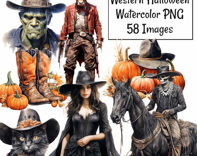 Western Halloween Watercolor Clipart Digital Downloads Overlay Horror ...