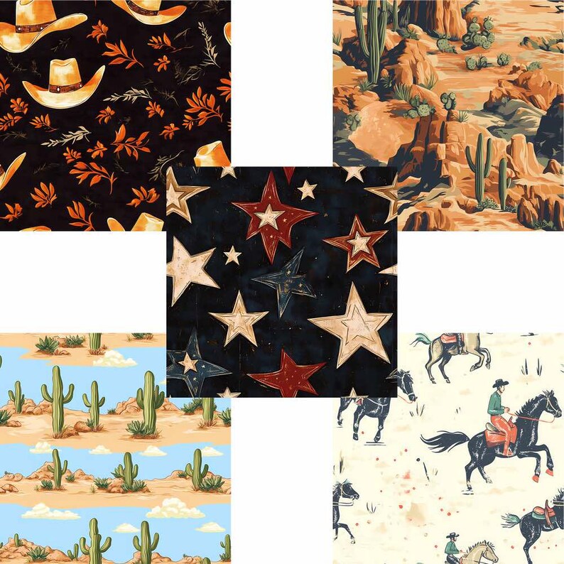 Western Seamless Digital Papers, 30 Wild West Cowboy Cow Skull Patterns ...