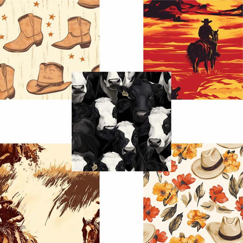 Western Seamless Digital Papers, 30 Wild West Cowboy Cow Skull Patterns ...