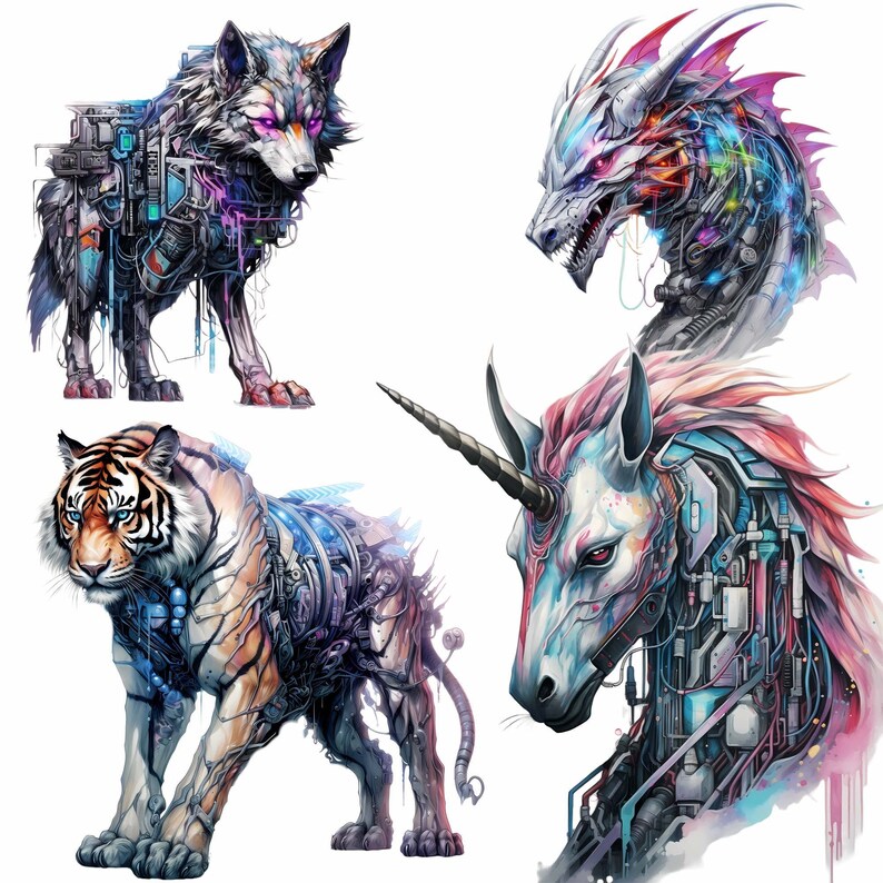 Cyberpunk Animals Clipart Digital Downloads, 17 Watercolor Science ...