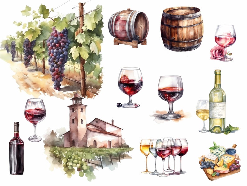 Wine Drinks Alcohol Clipart Digital Downloads, Watercolor Overlay ,24 ...