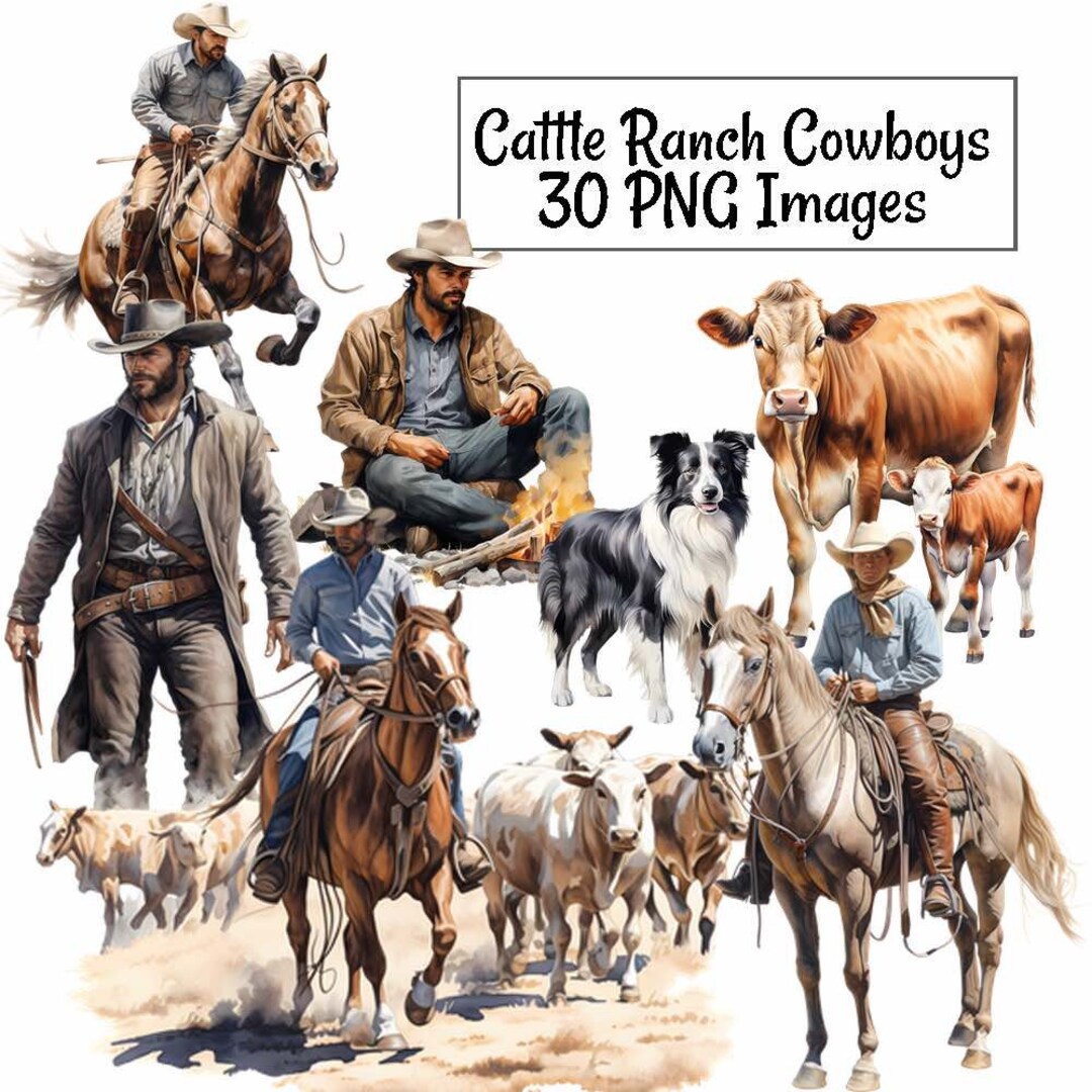 Cowboy Cattle Ranch Herding Clipart Digital Downloads, Watercolor ...