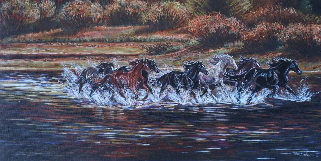 Wild Galloping Horses in the Riverbed Painting. Giclee Canvas Fine Art ...