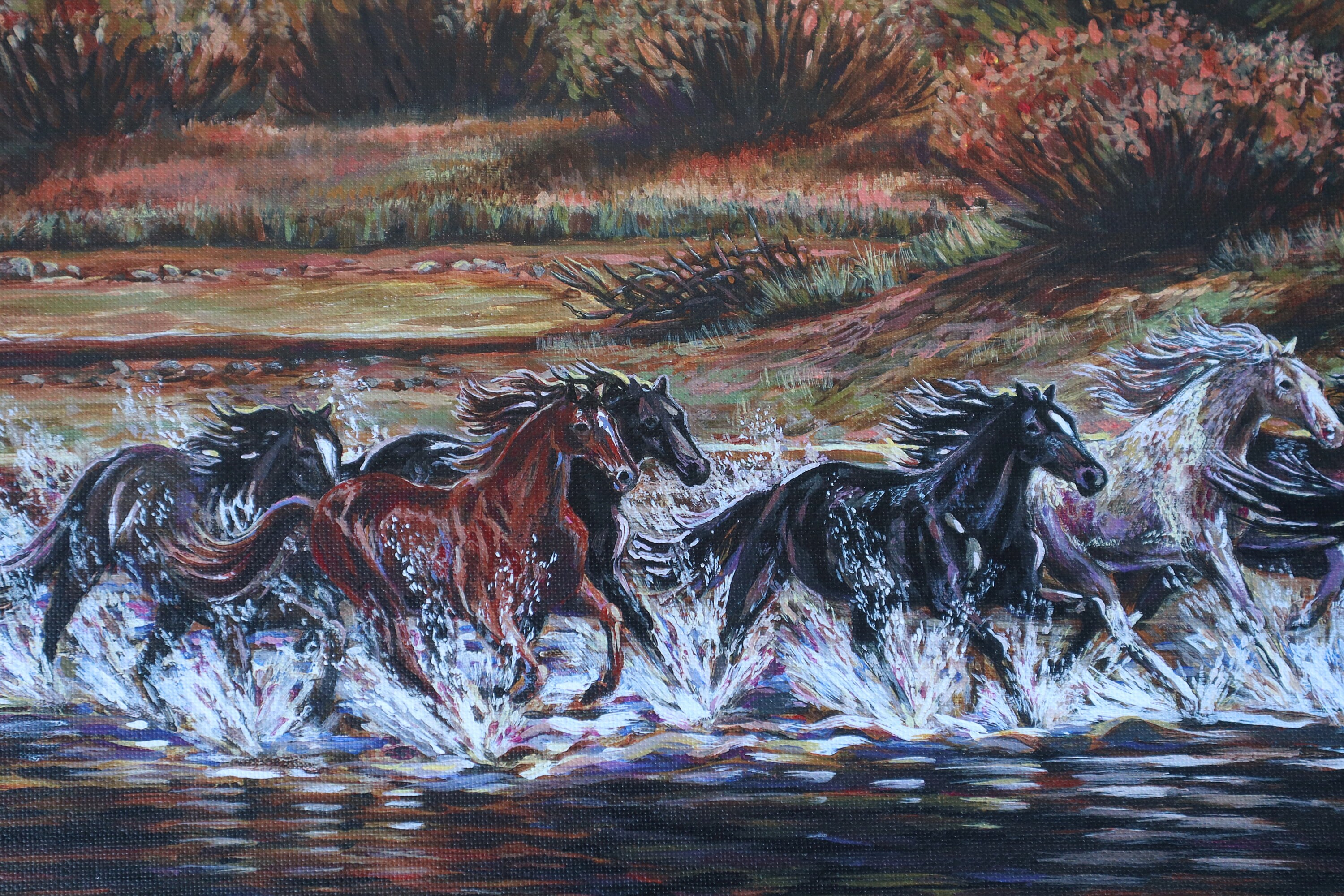 Wild Galloping Horses in the Riverbed Painting. Giclee Canvas Fine Art ...