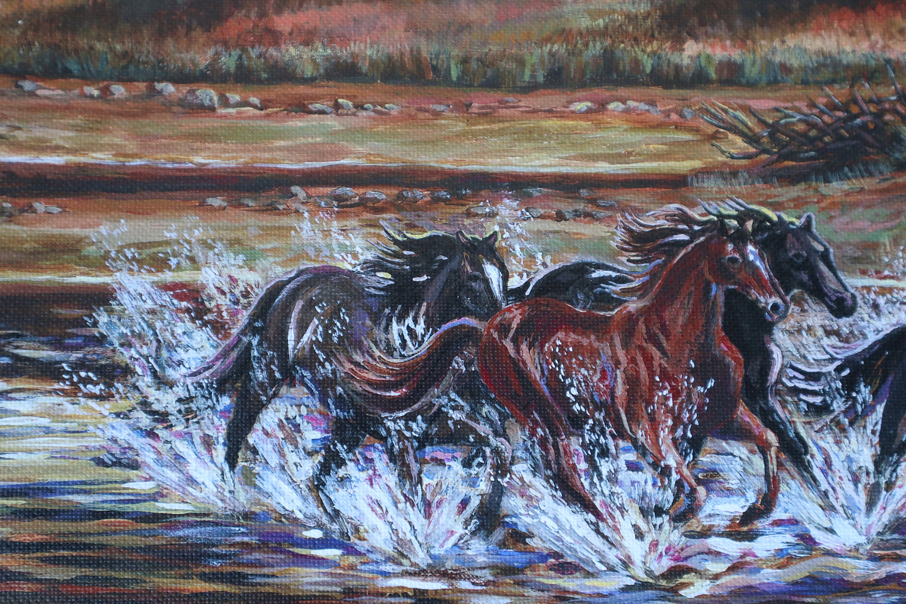 Wild Galloping Horses in the Riverbed Painting. Giclee Canvas Fine Art ...
