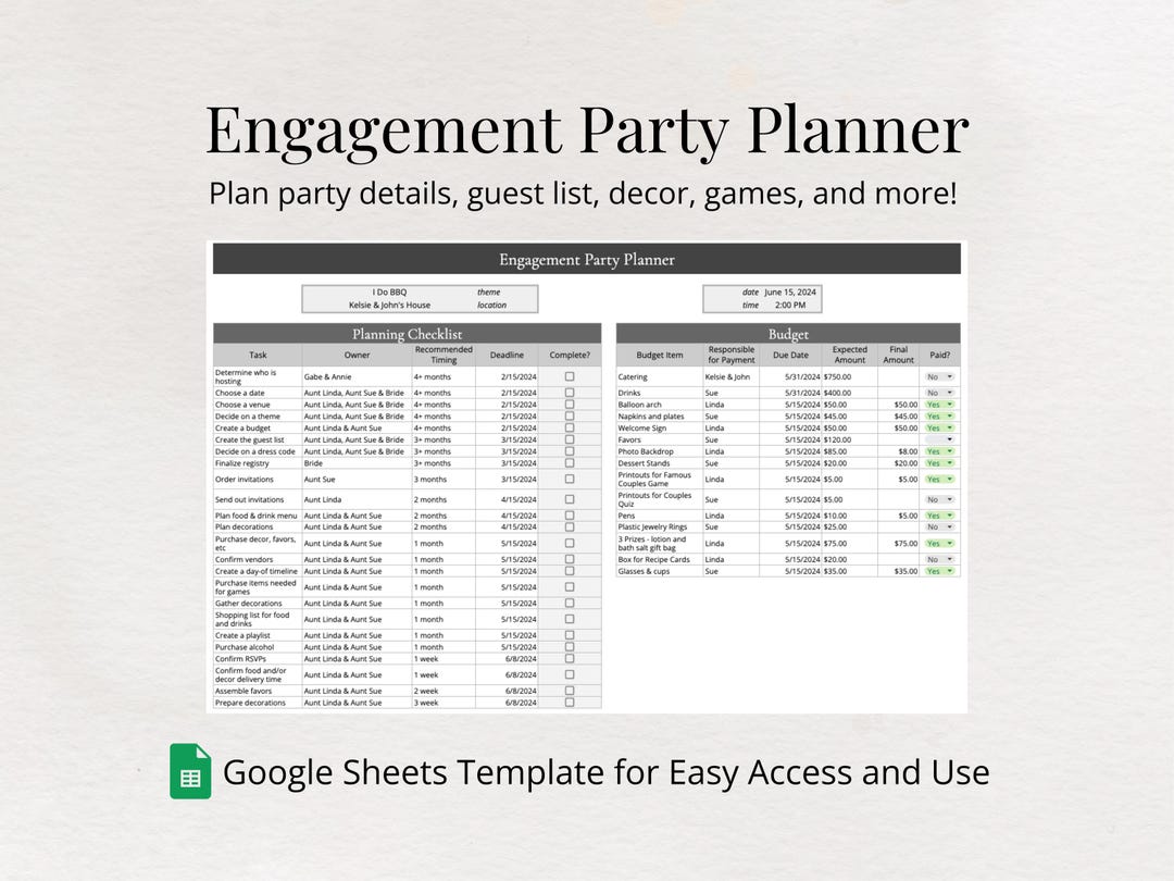 Engagement Party Planner | Couple's Shower | Editable Google Sheets ...