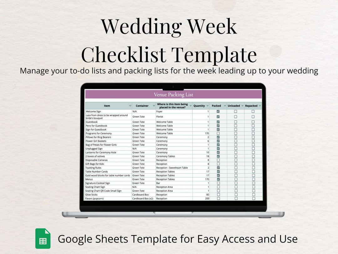 Wedding Week Checklist Editable Google Sheets Template Instant Digital ...