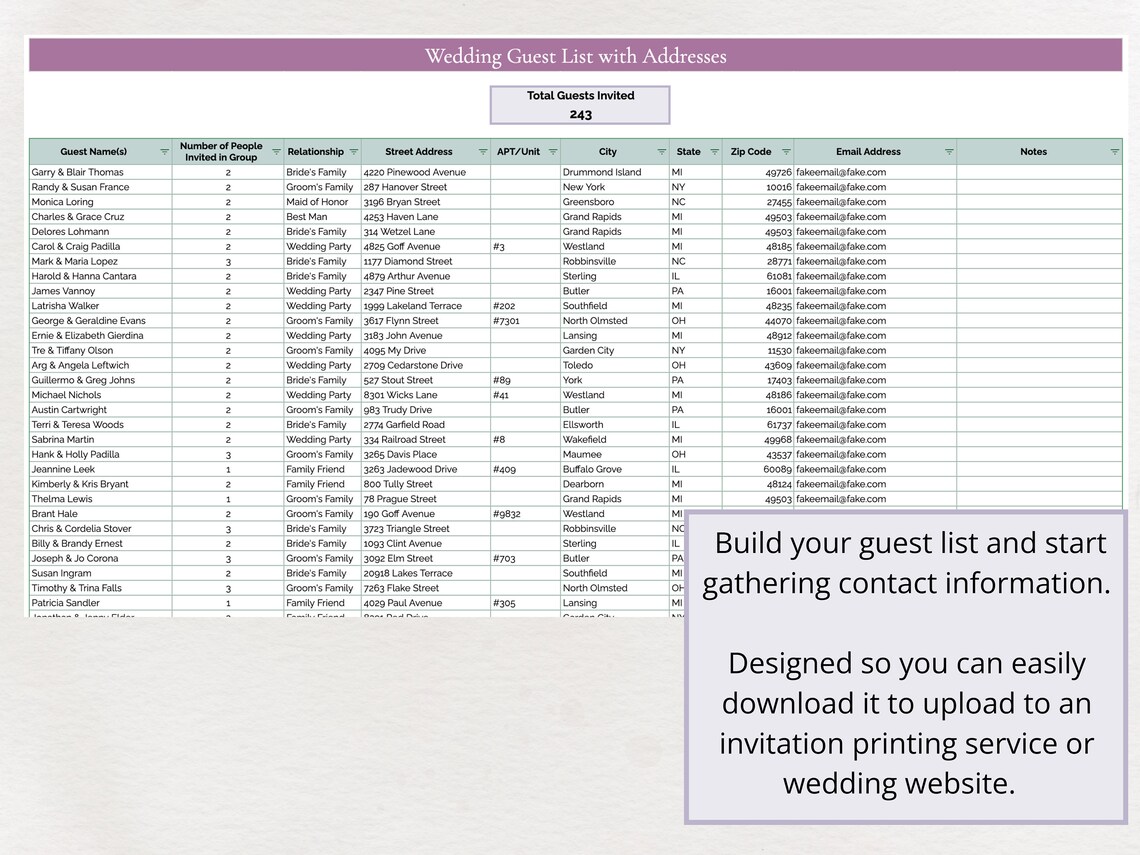 Wedding Planning Guest List Google Sheets Template | Instant Digital ...