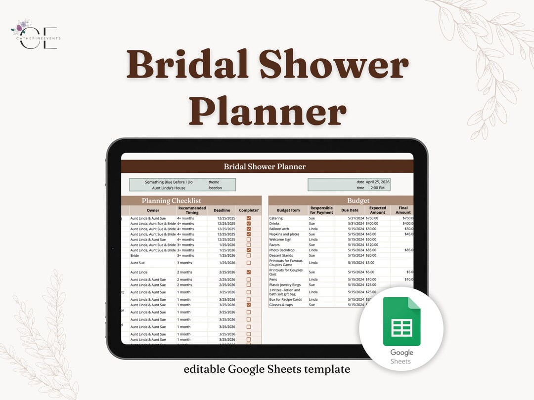 Bridal Shower Planner Editable Template | Google Sheets Download - Etsy