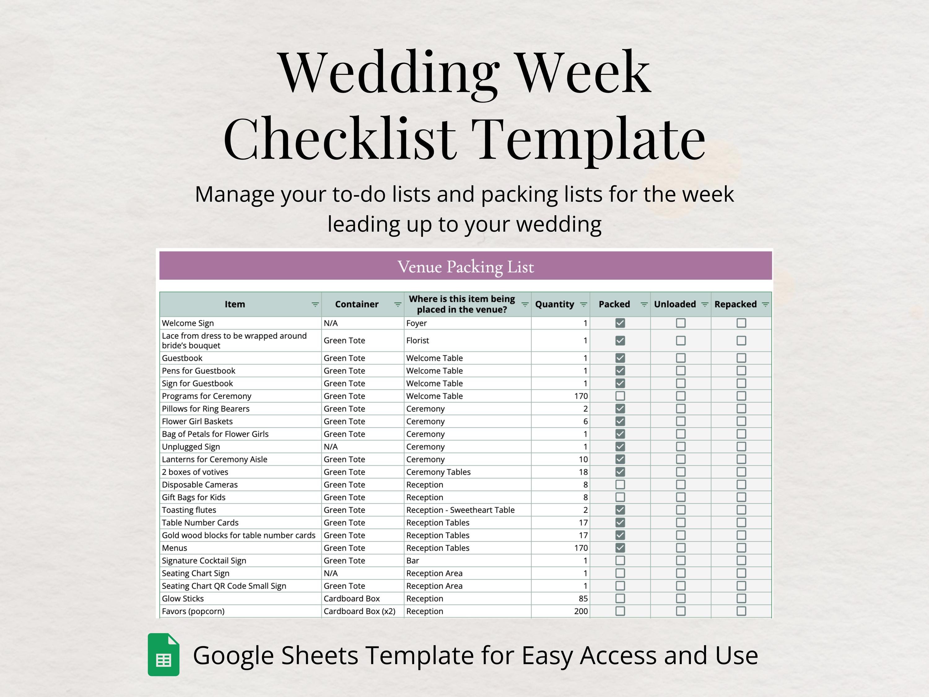 Wedding Week Checklist Editable Google Sheets Template | Instant ...