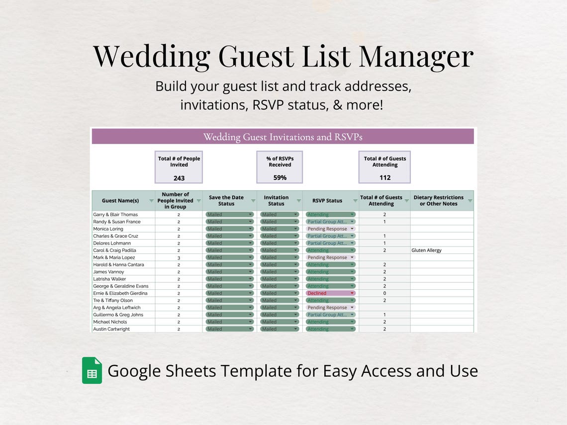 Wedding Planning Guest List Google Sheets Template | Instant Digital ...