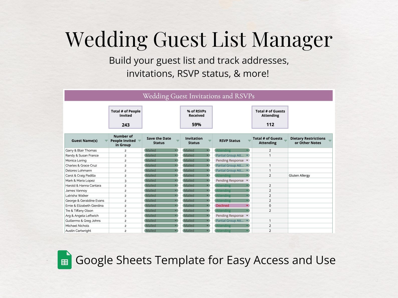 Wedding Planning Guest List Google Sheets Template | Instant Digital ...